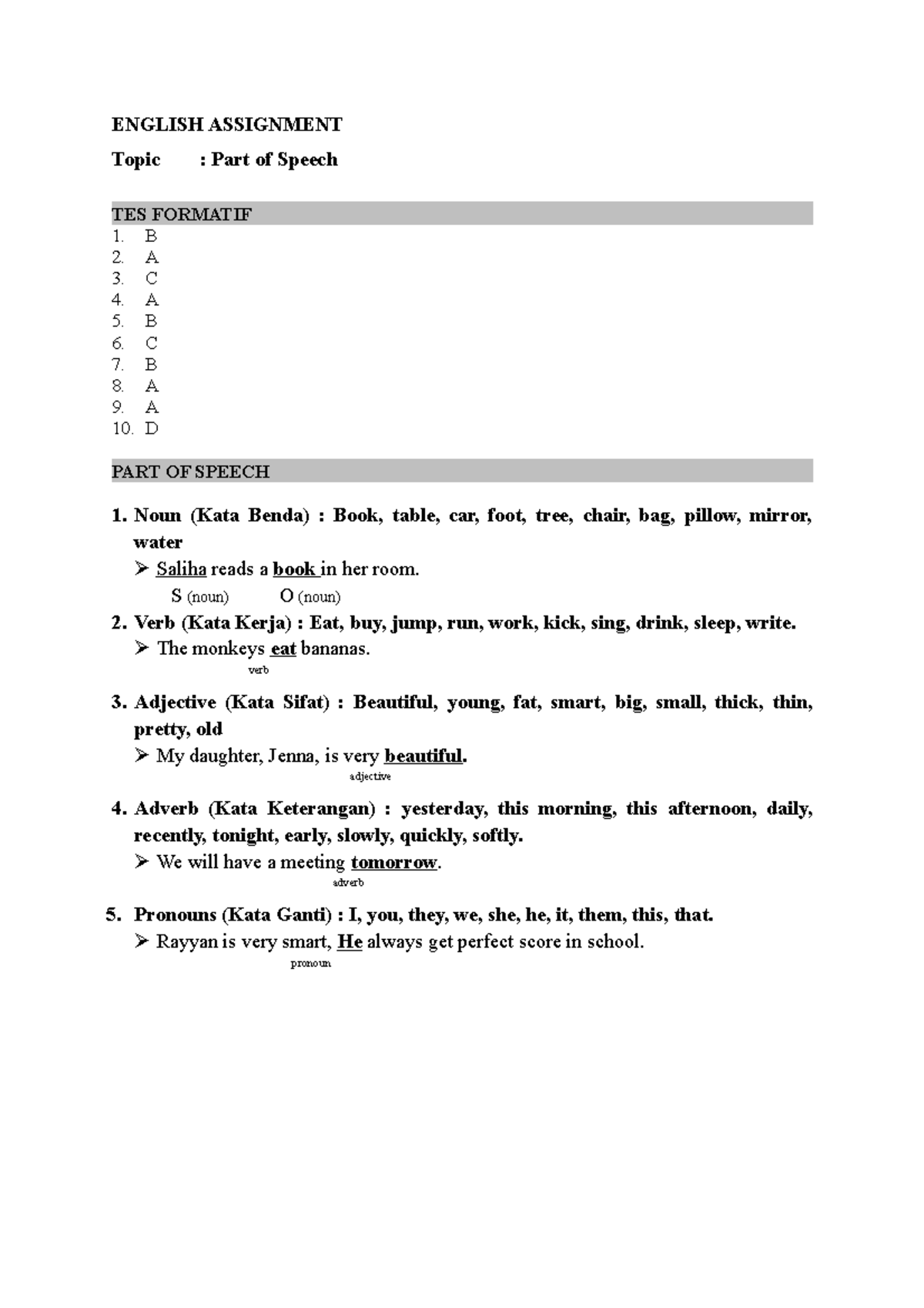 English Assignment part of speech - ENGLISH ASSIGNMENT Topic : Part of ...