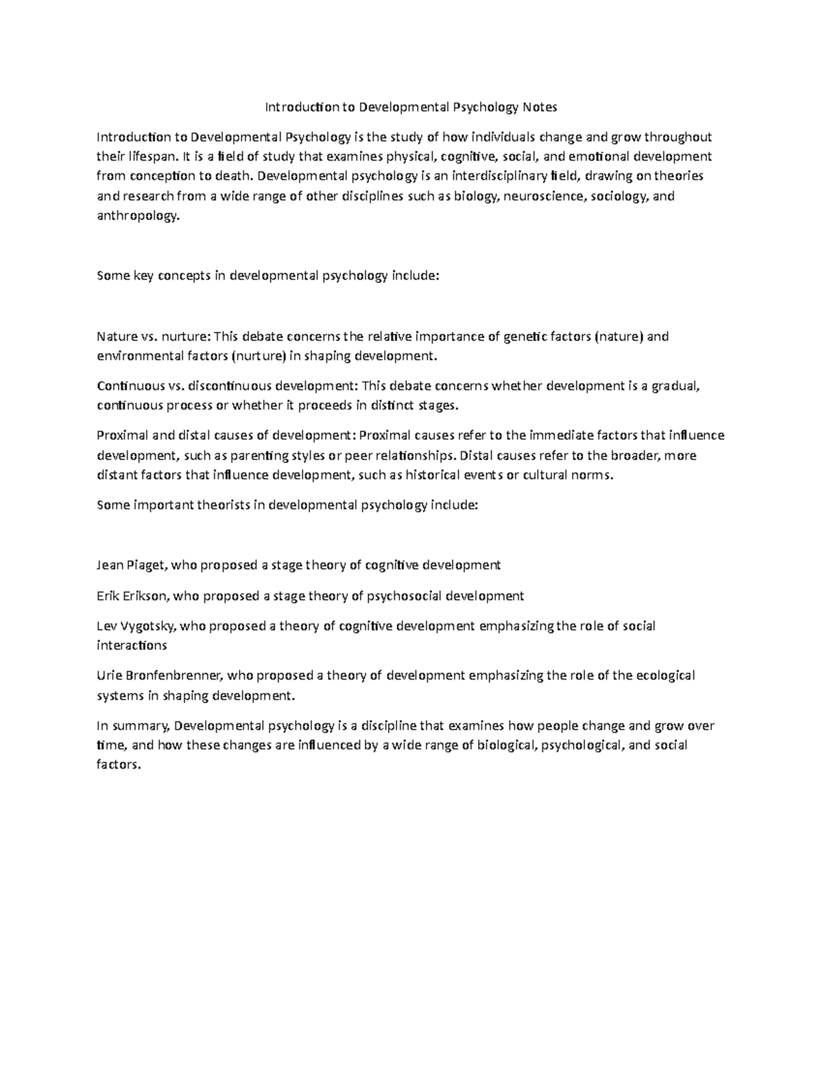 Introduction to Developmental Psychology Notes - Introduction to ...