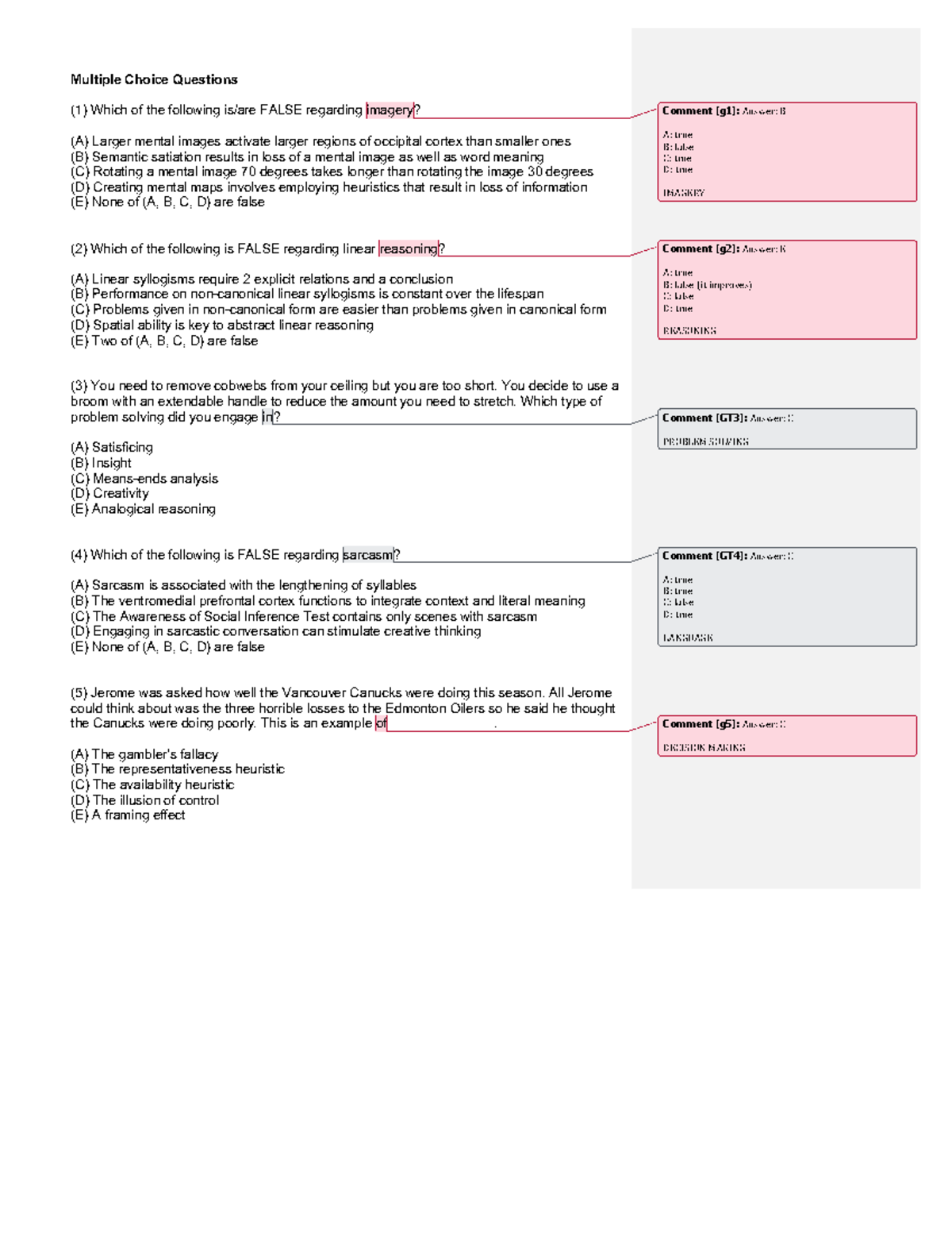 PSYC 309A Final Exam - practice questions (answers) - Multiple Choice Questions (1) Which of the ...