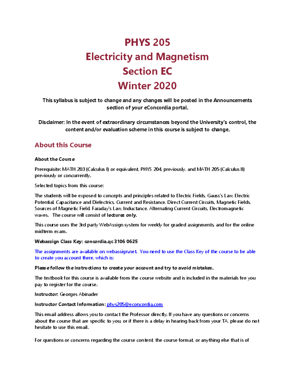 PHYS 205 EC - Course Outline - Winter 2020 - Warning: TT: undefined function: 32 Warning: TT ...