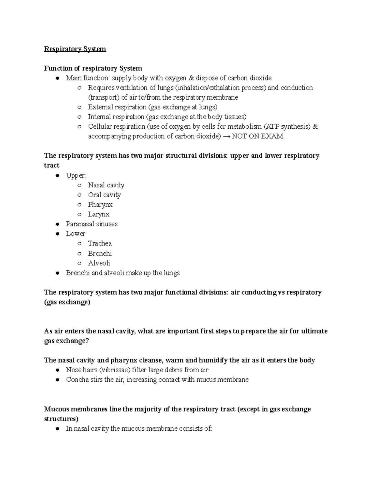 Repiratory System Notes - Respiratory System Function of respiratory ...