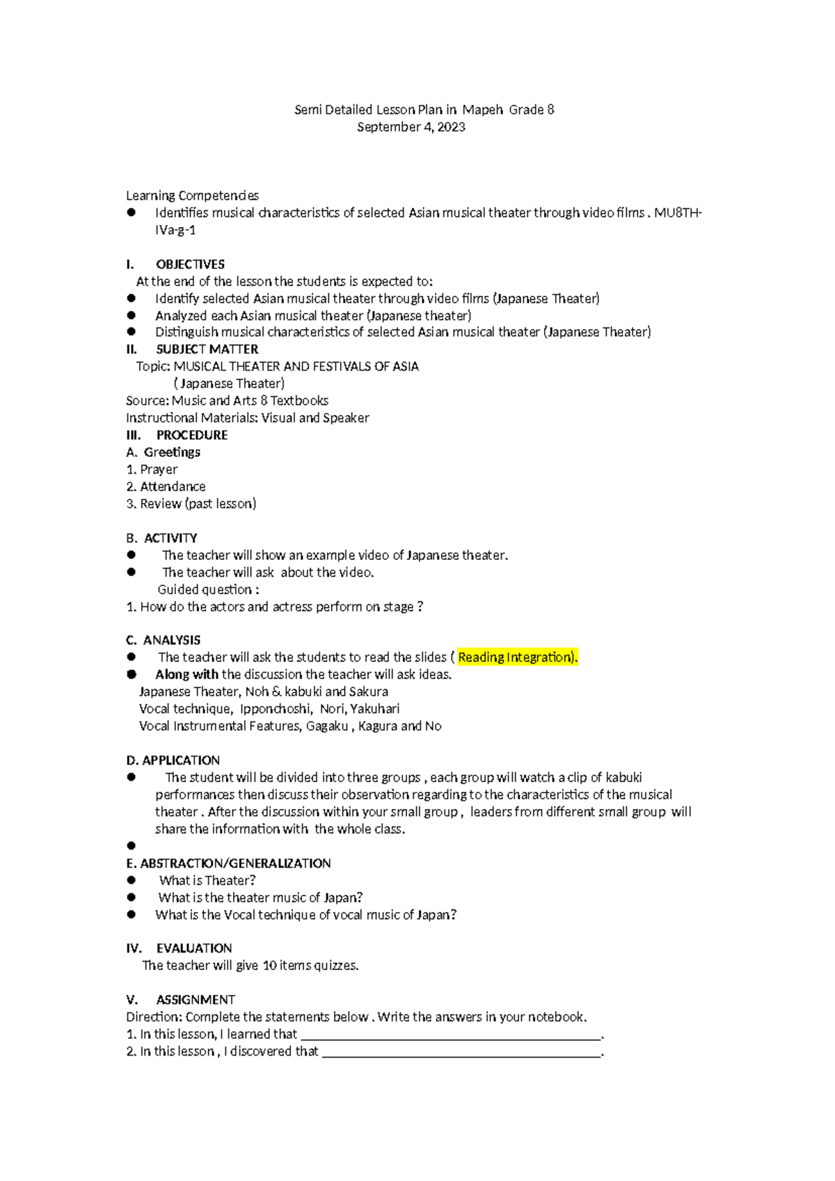 Semi Detailed Lesson Plan in Mapeh Grade 8 - MU8TH- IVa-g- I ...