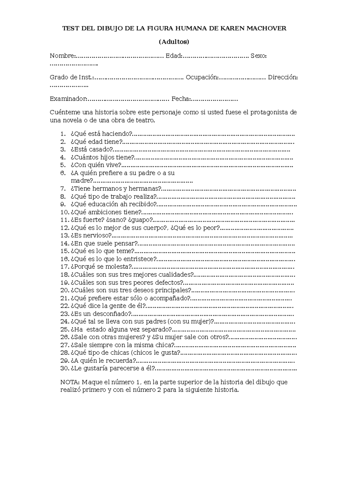 Cuestionario TEST DEL Dibujo DE LA Figura Humana DE Karen Machover ...