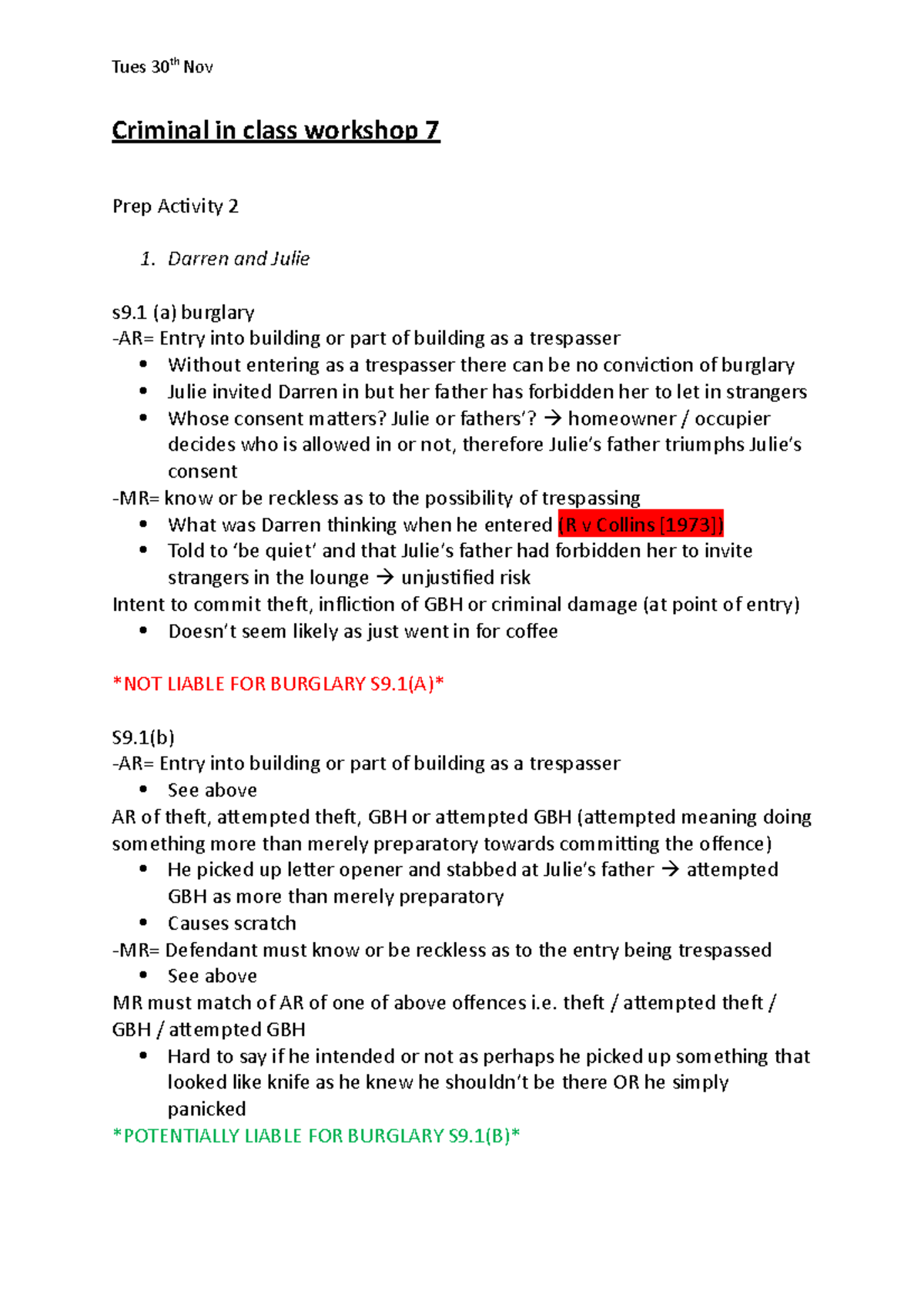 Criminal law burglary and robbery - Criminal in class workshop 7 Prep ...