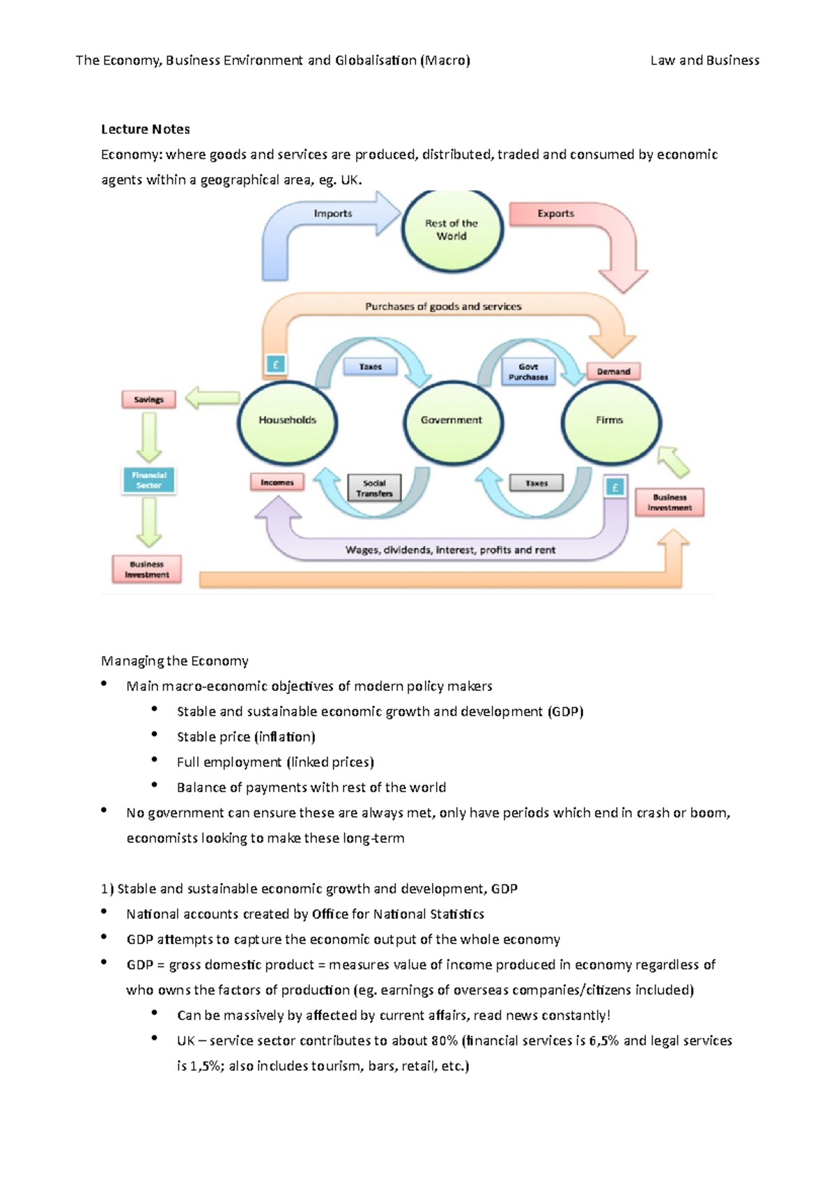 Economy, Business Environment and Globalisation - UK. Managing the Economy Main macro-economic ...