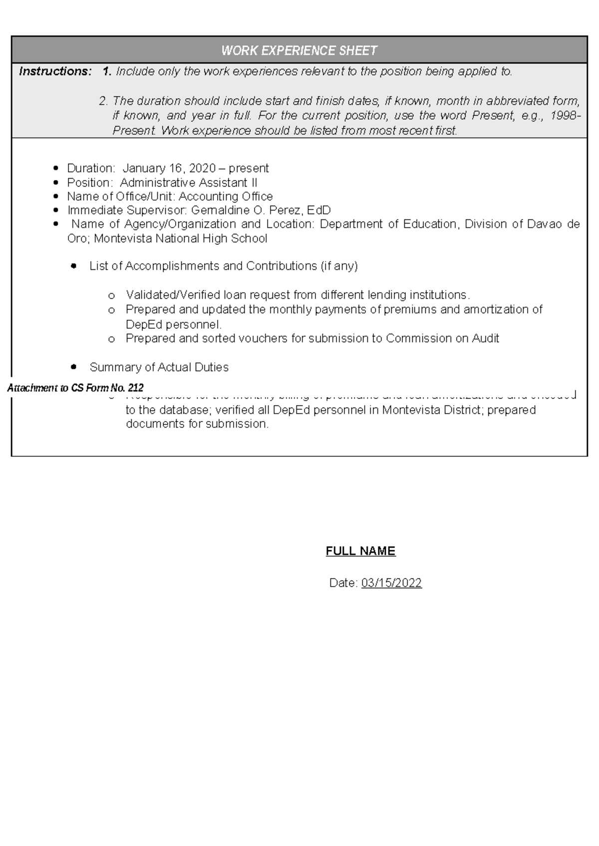 Work experience Sheet Sample - WORK EXPERIENCE SHEET Instructions: 1 ...