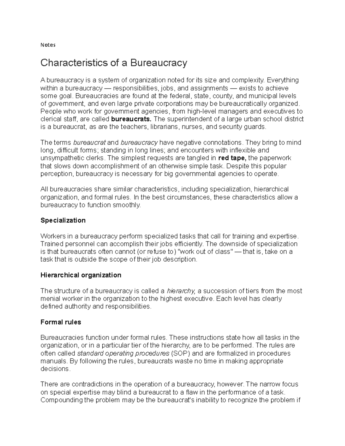 Document 94 - government - Notes Characteristics of a Bureaucracy A ...