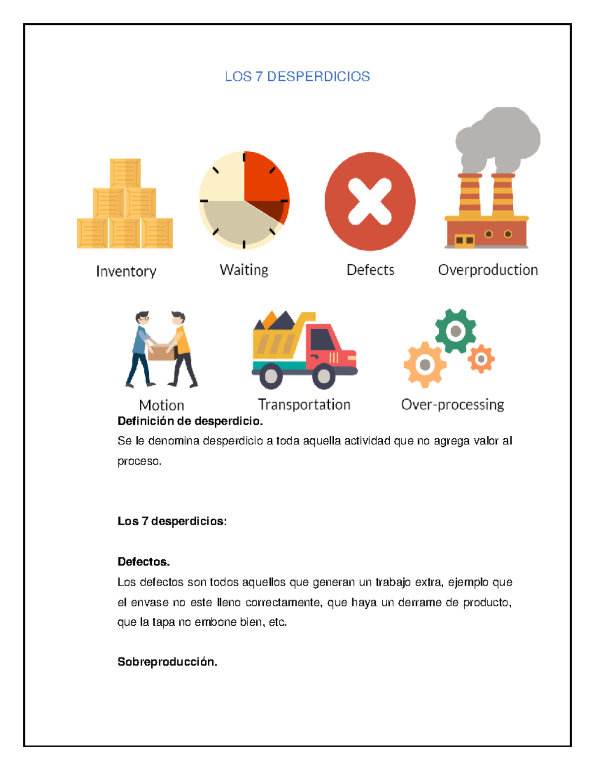 LOS 7 Desperdicios - LOS 7 DESPERDICIOS Definición de desperdicio. Se ...