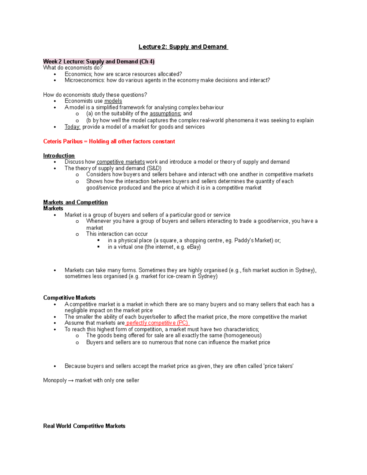 Lecture 2 economics supply and demand - Lecture 2: Supply and Demand ...