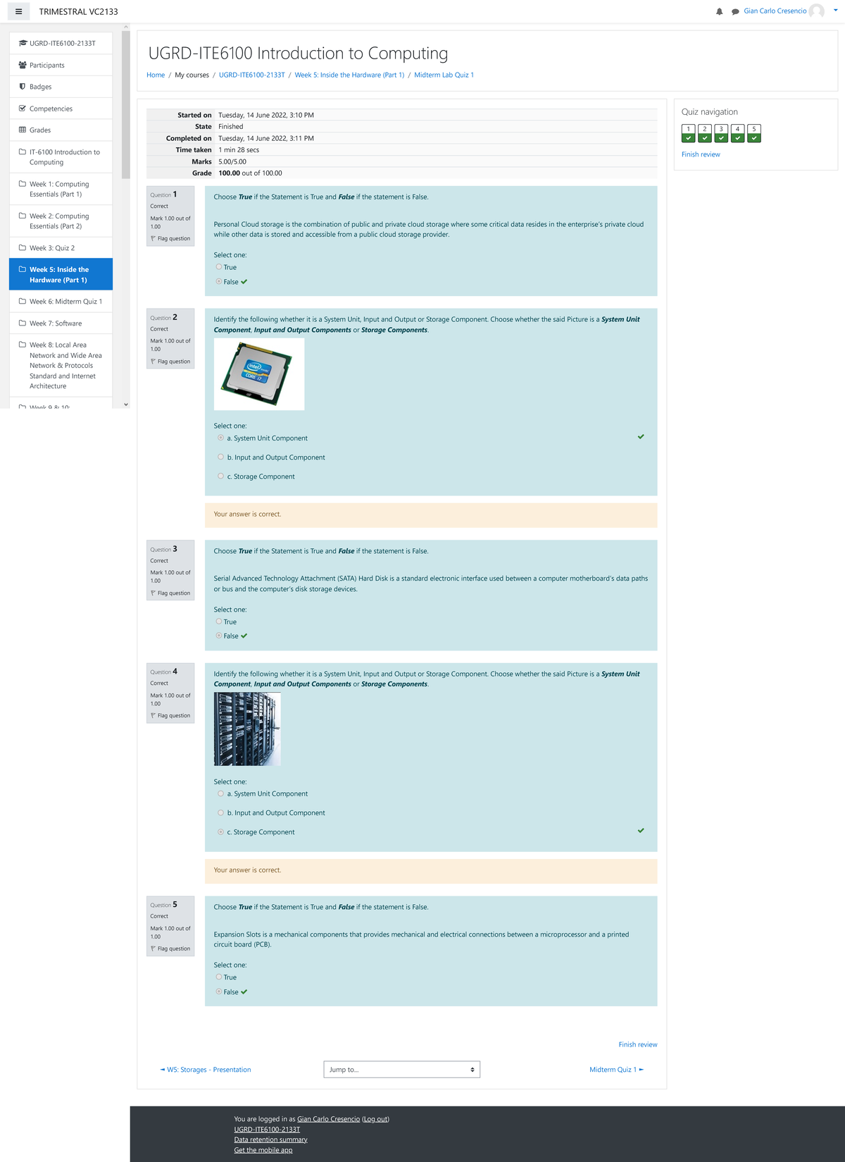 Midterm Lab Quiz 1 Attempt review - You are logged in as Gian Carlo ...
