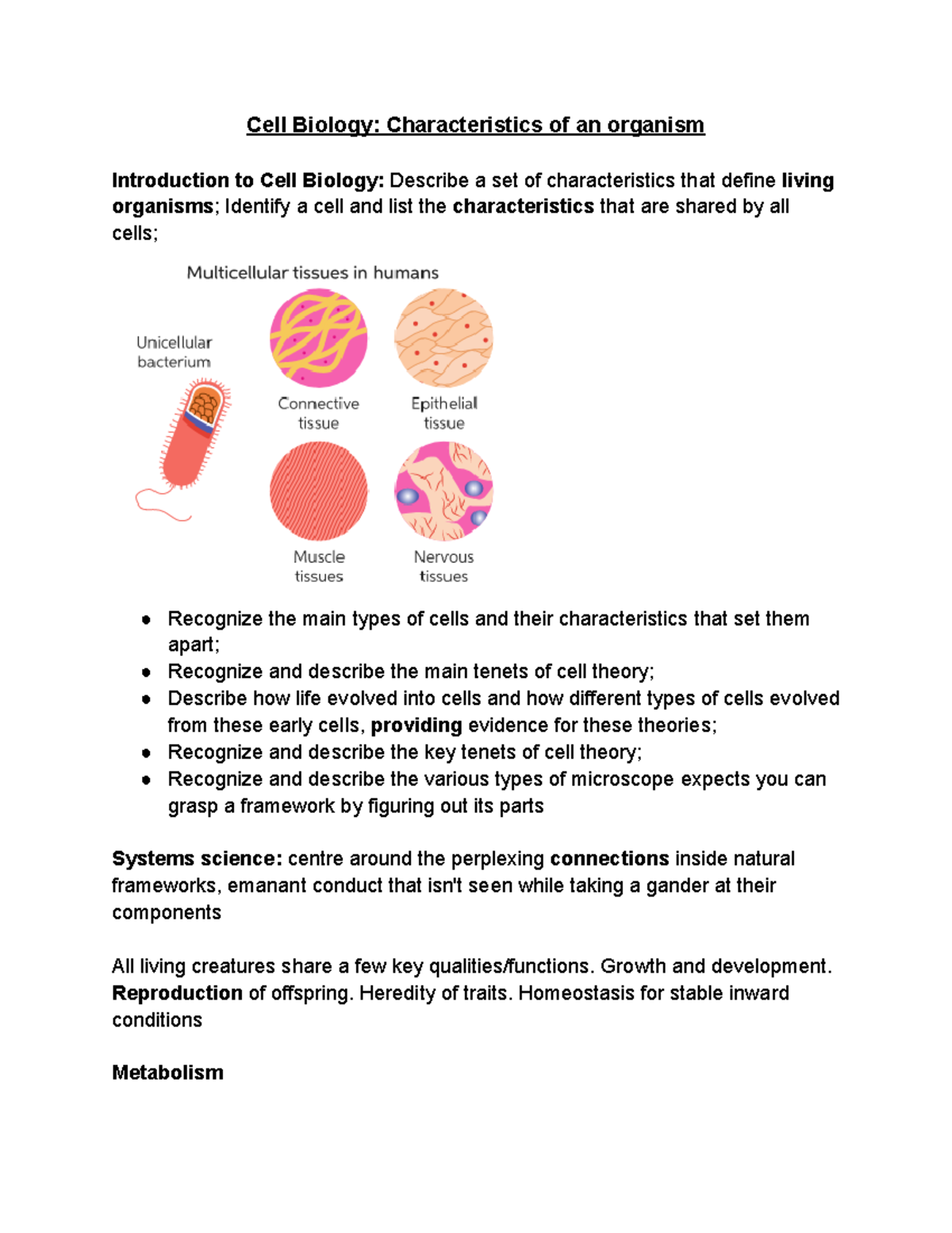 Cell Biology Characteristics of an organism - Cell Biology ...