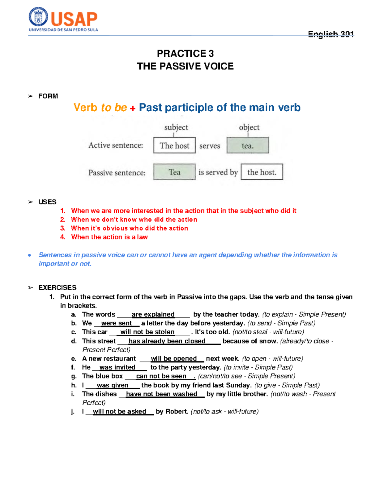 3 Practice - The passive voice - English 301 PRACTICE 3 THE PASSIVE ...
