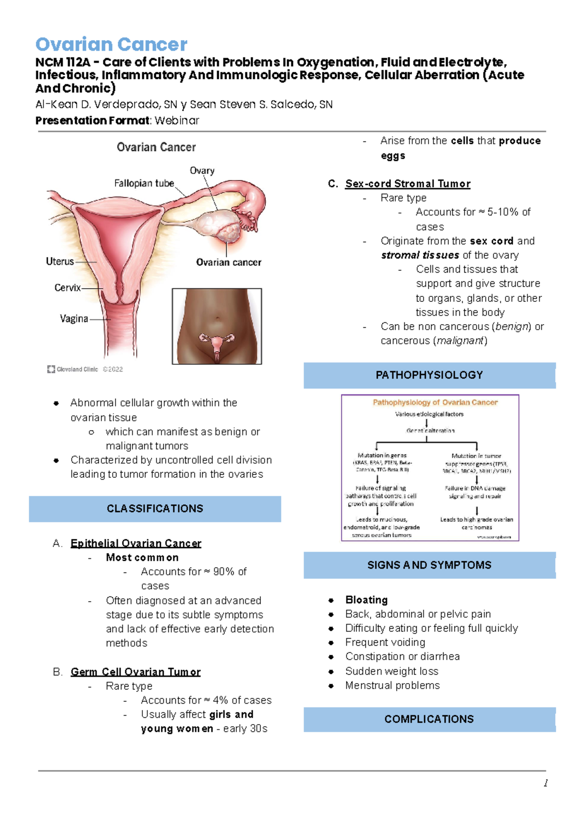 Ovarian- Cancer - sdasda - Ovarian Cancer NCM 112A - Care of Clients with Problems In ...