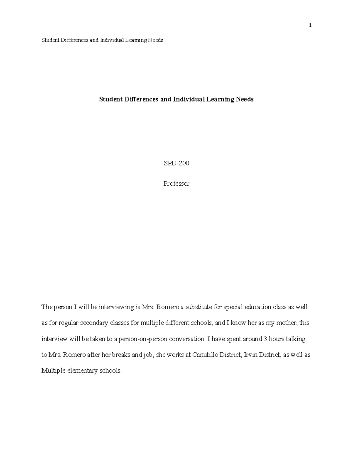 Student Differences and Individual Learning Needs - Romero a substitute ...