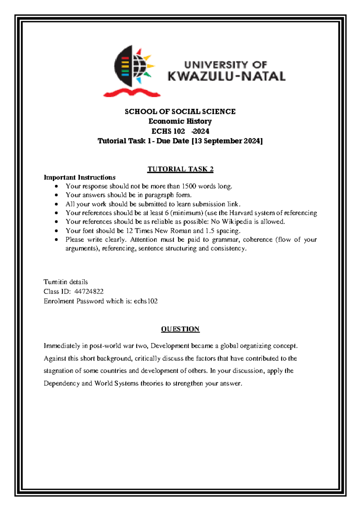 102 tutorial task - SCHOOL OF SOCIAL SCIENCE Economic History ECHS 102 - 2024 Tutorial Task 1 ...