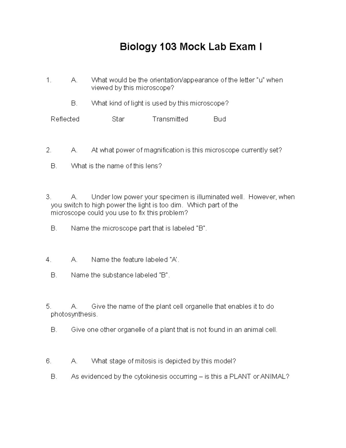 Mock Lab Exam I - This is a mock lab exam given to the class for Intro ...