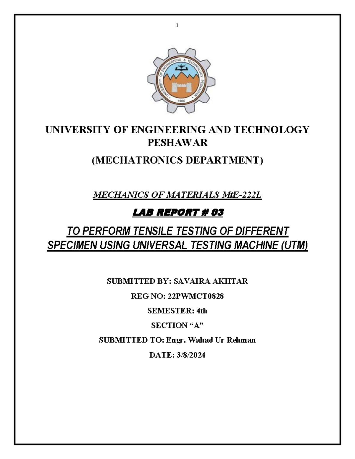 MOM LAB 03 - TO PERFORM TENSILE TESTING OF DIFFERENT SPECIMEN USING ...