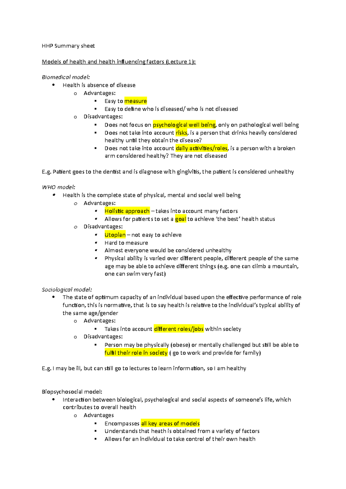HHP summary sheet 13 - HHP Summary sheet Models of health and health ...