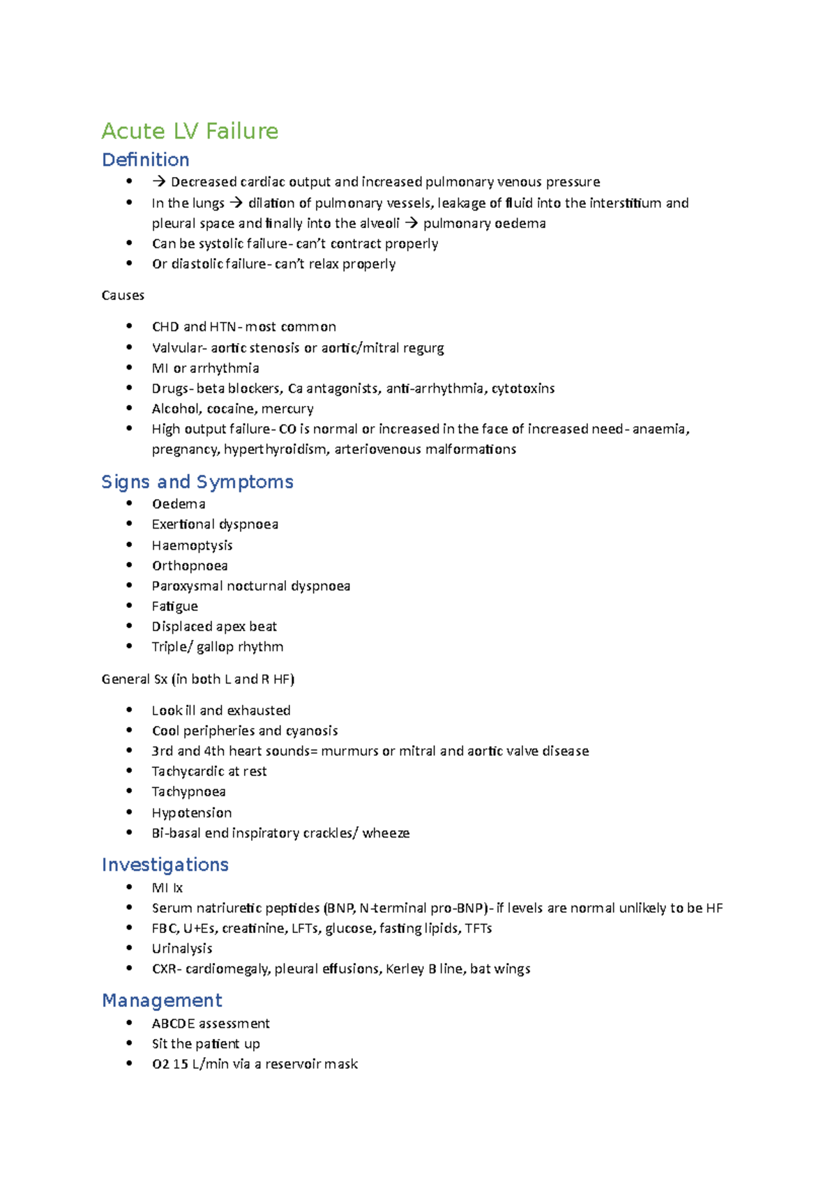 Acute LV Failure - Lecture notes 1 - Acute LV Failure Definition ...