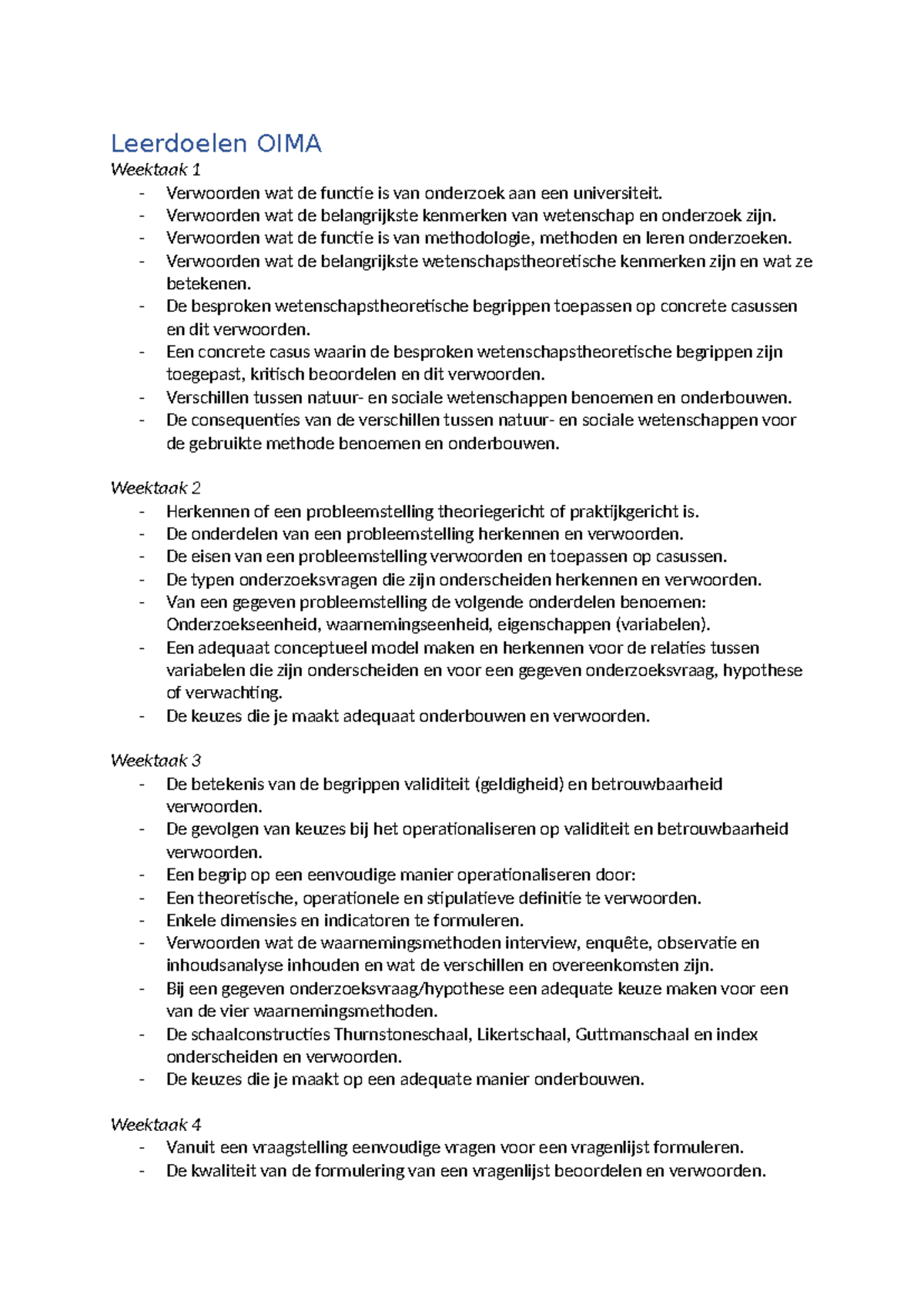 Leerdoelen OIMA - Leerdoelen OIMA Weektaak 1 - Verwoorden wat de ...