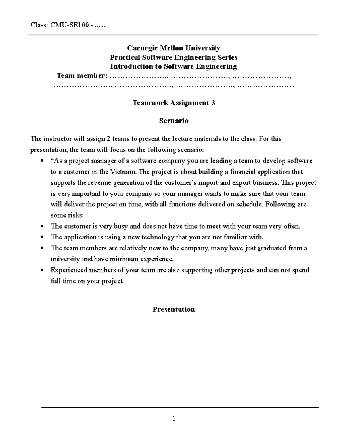 Teamwork Assignment 3 - Class: CMU-SE100 - ..... Carnegie Mellon ...
