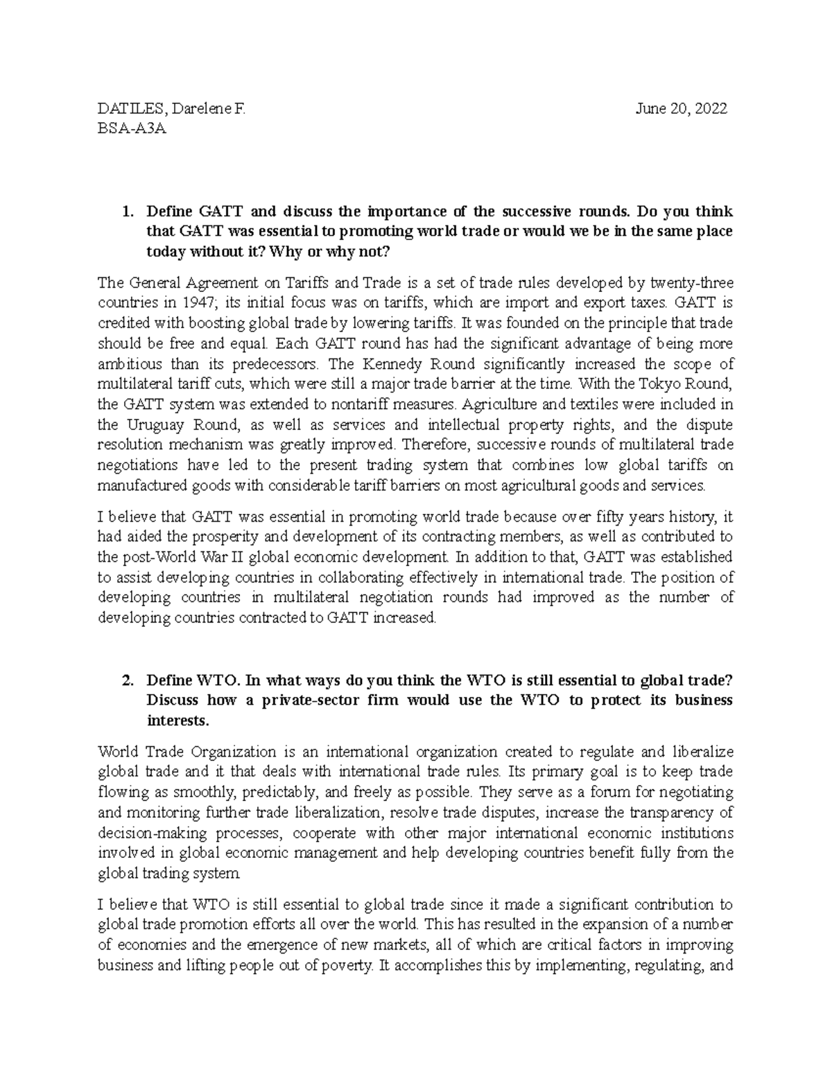 GATT - INTERNATIONAL BUSINESS - DATILES, Darelene F. June 20, 2022 BSA ...