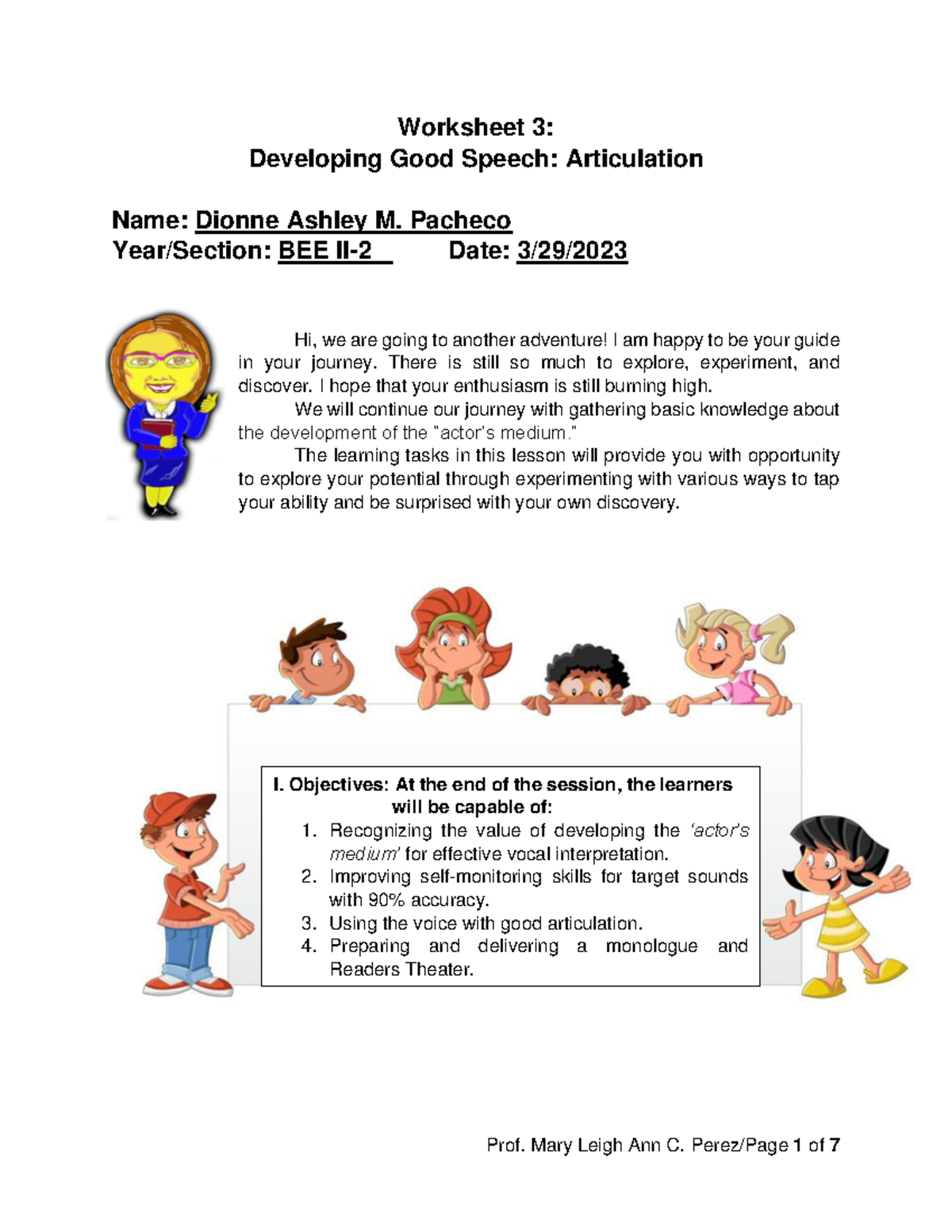 Worksheet 3 Articulation - Worksheet 3: Developing Good Speech ...