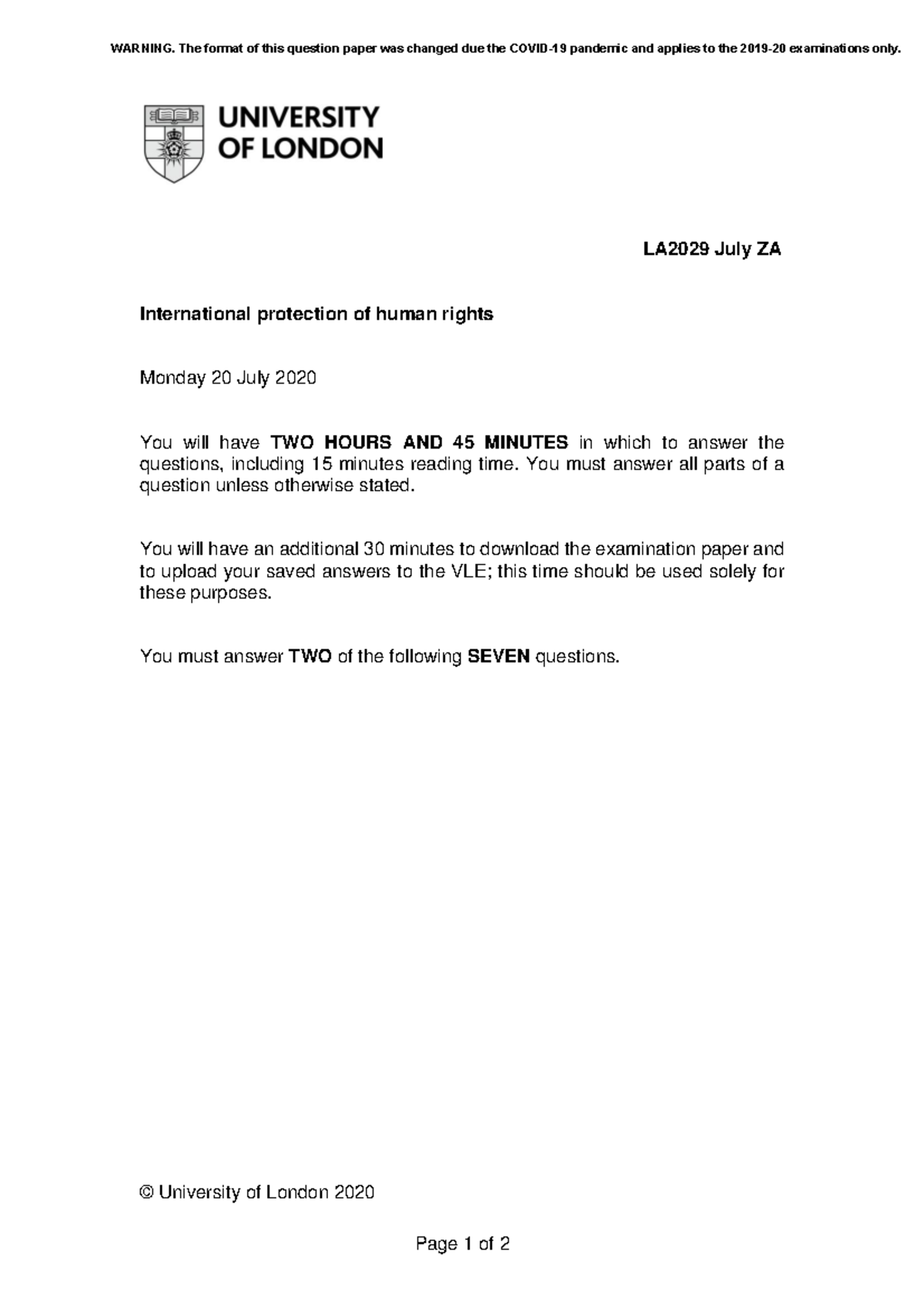 IPHR exam 2020 A - IPHR past papers - Page 1 of 2 LA 2029 July ZA ...