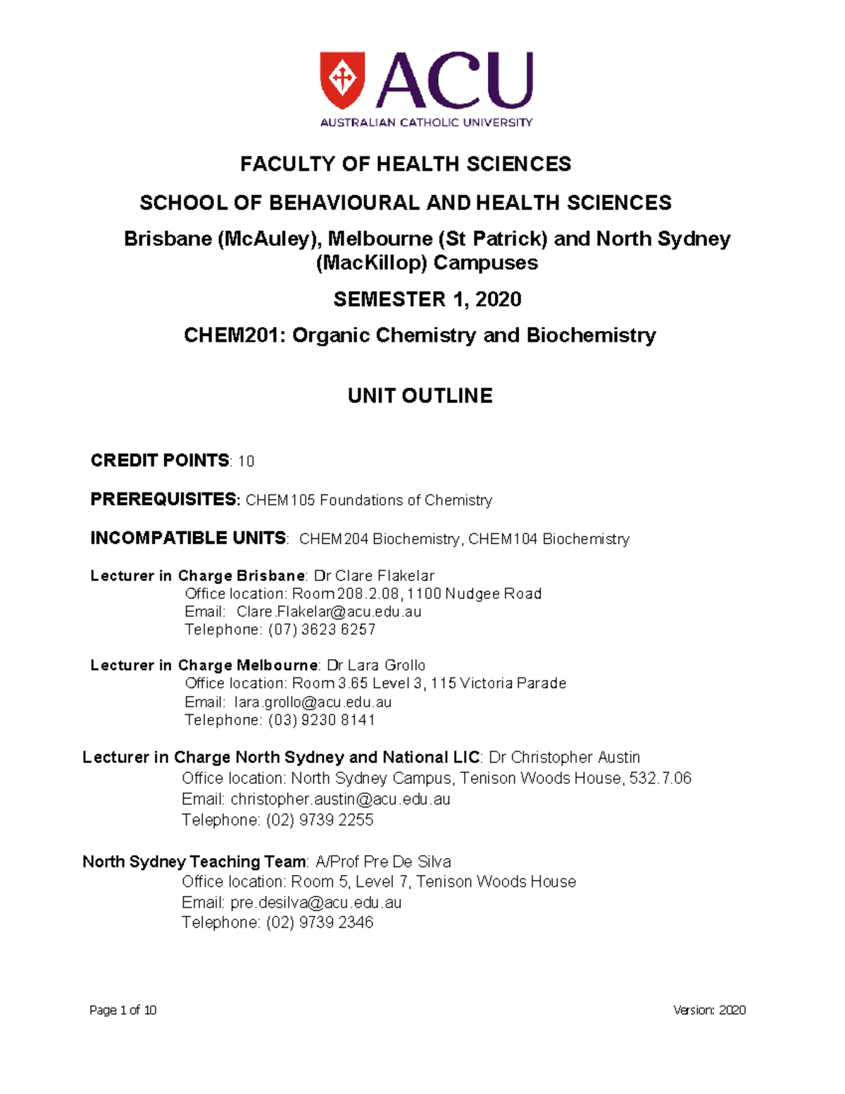 Chem201 Unit Outline Warning Tt Undefined Function 32 Faculty Of Health Sciences School Of
