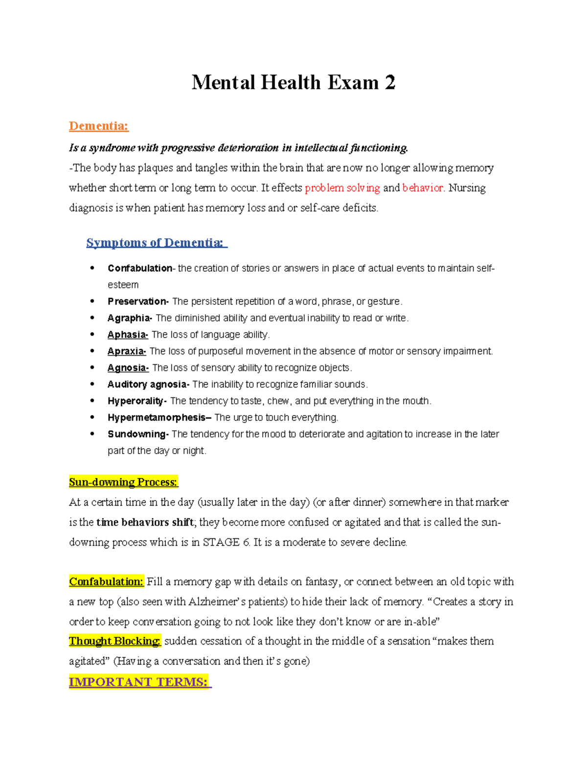 Mental Health Exam 2 Study Guide - Mental Health Exam 2 Dementia: Is a ...