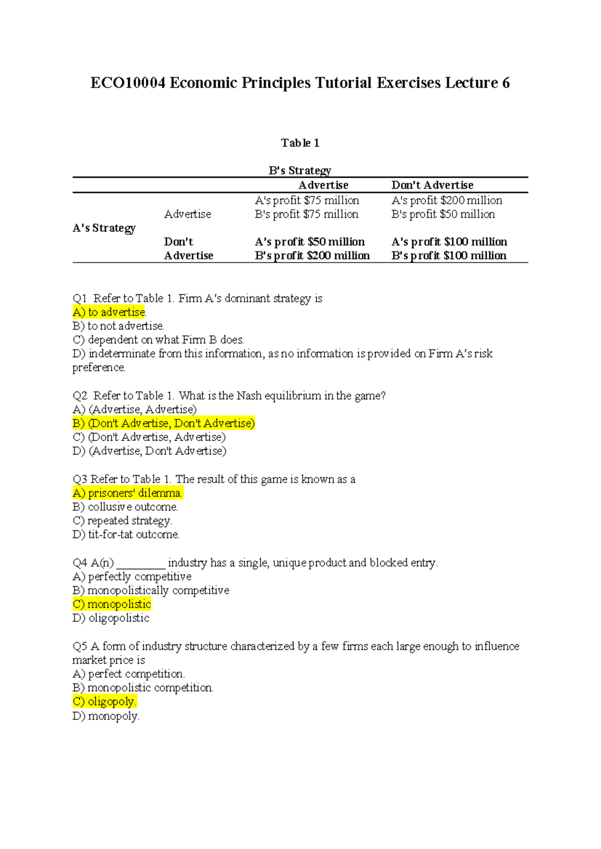 ECO10004 Economic Principles Tutorial Exercises Lecture 6 - Firm A s ...
