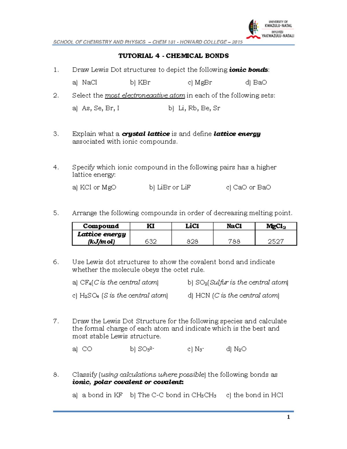 Tutorial 4 - Chemical Bonds - SCHOOL OF CHEMISTRY AND PHYSICS – CHEM ...