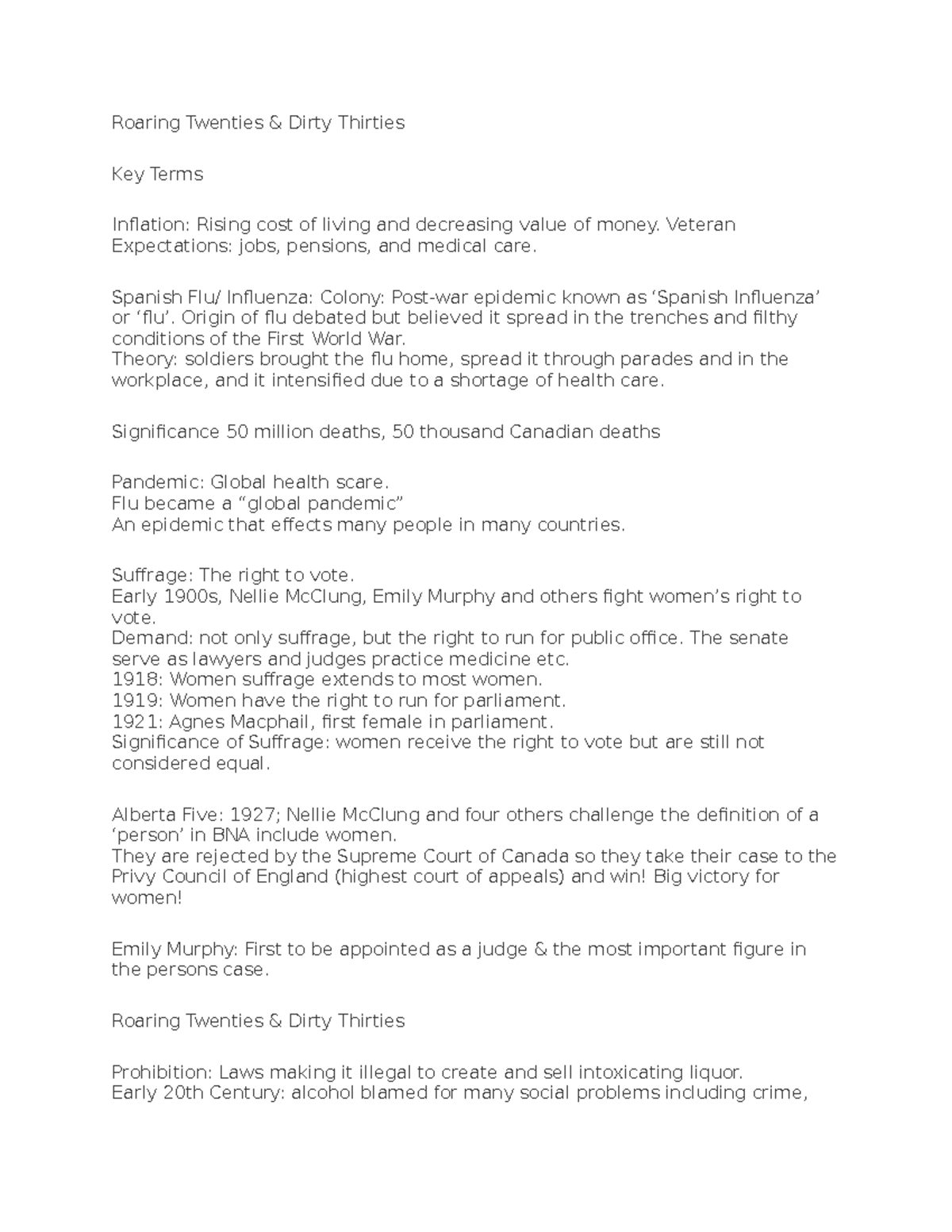 Roaring Twenties Dirty Thirties Key Terms - Studocu