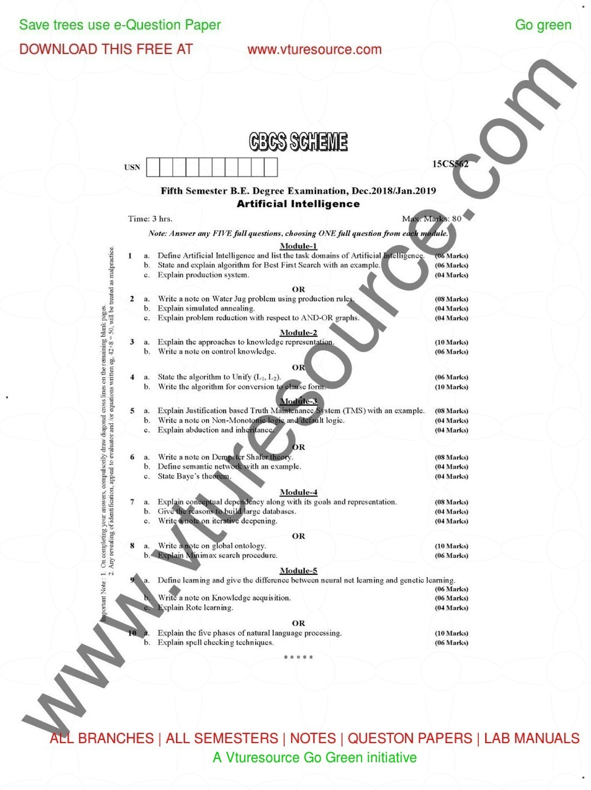 Jan-2019 - Question paper - Artificial Intelligence - Studocu