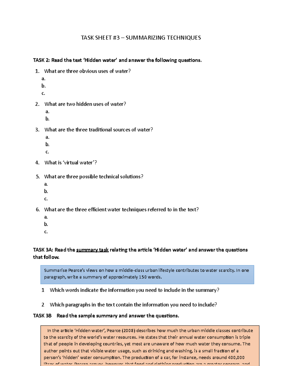 Task sheet 3 - Summarizing - TASK SHEET #3 – SUMMARIZING TECHNIQUES ...
