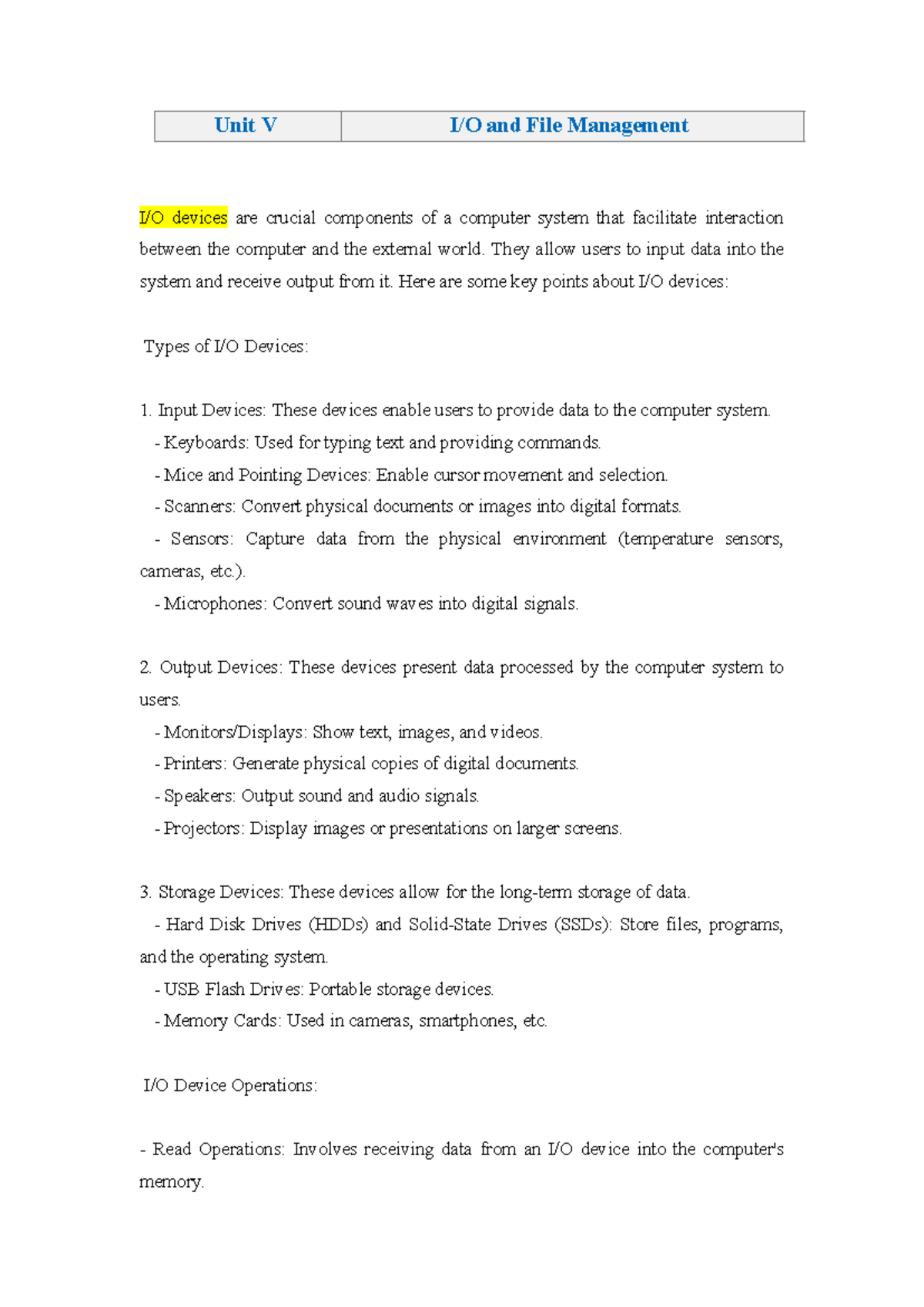 Unit V in detail - AIDS 2019 syllabus sppu subject OS (unit 5) - I/O devices are crucial ...