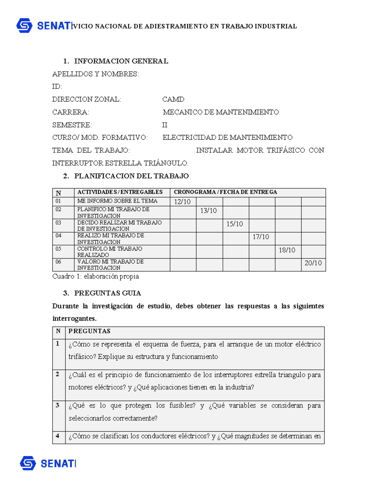 Entregable 1 de Electricidad DE Mantenimiento - 1. INFORMACION GENERAL APELLIDOS Y NOMBRES: ID ...
