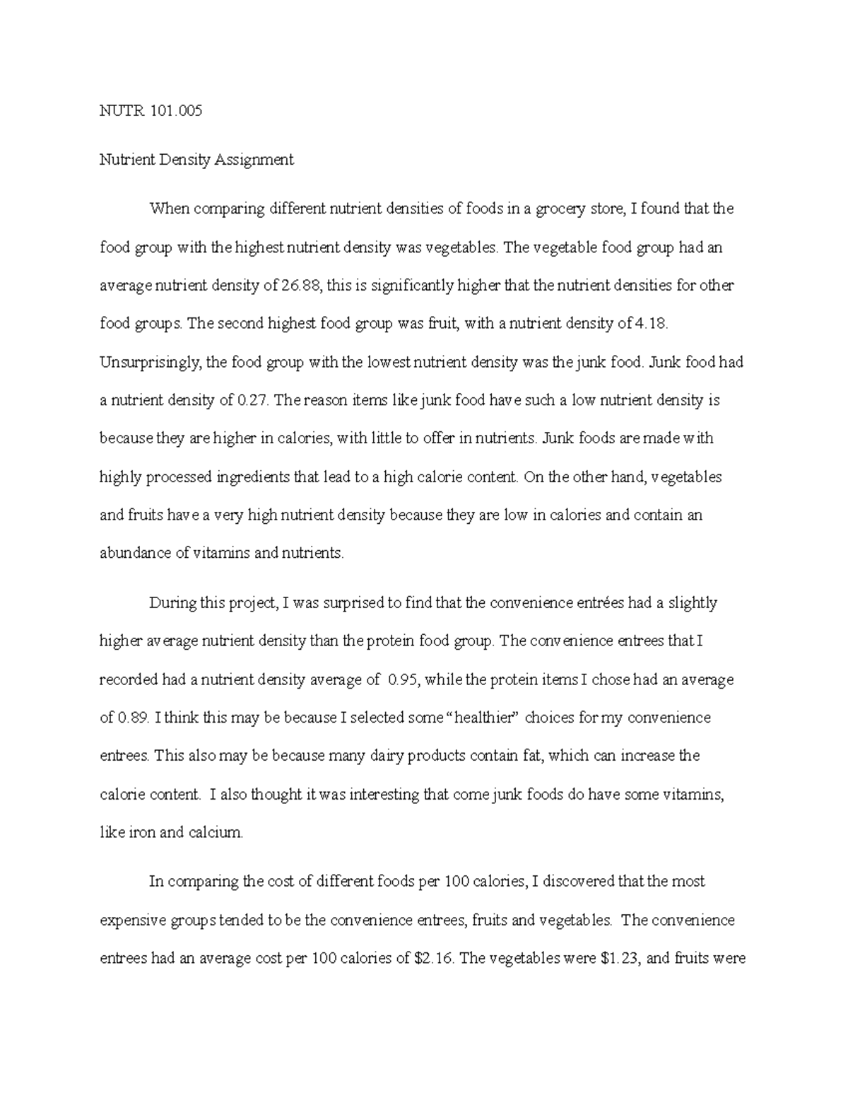 NUTR 101- nutrient density - NUTR 101. Nutrient Density Assignment When ...