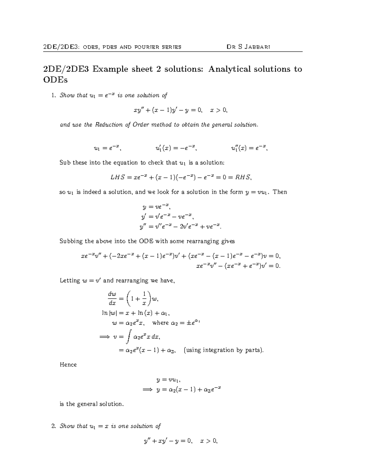 Exercise Sheet 2 solutions - 2DE/2DE3 Example sheet 2 solutions ...