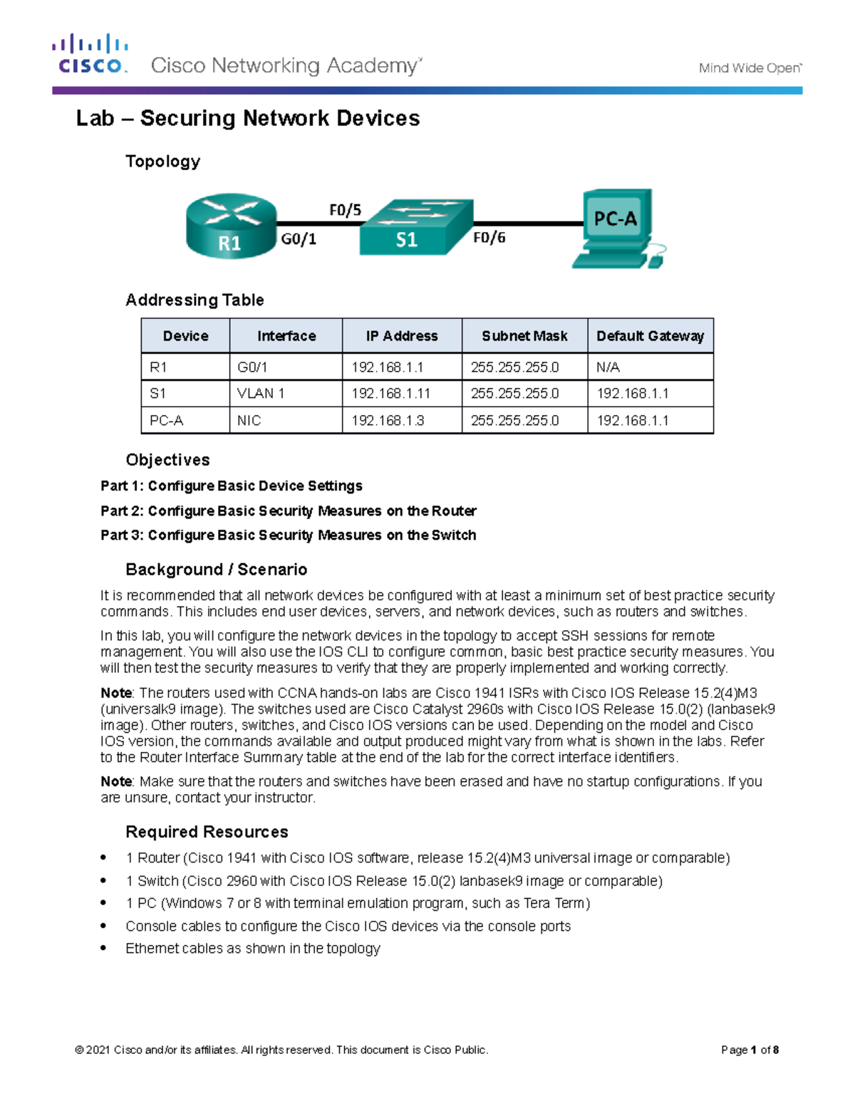11.2.4.8 Lab - Securing Network Devices - Topology Addressing Table ...