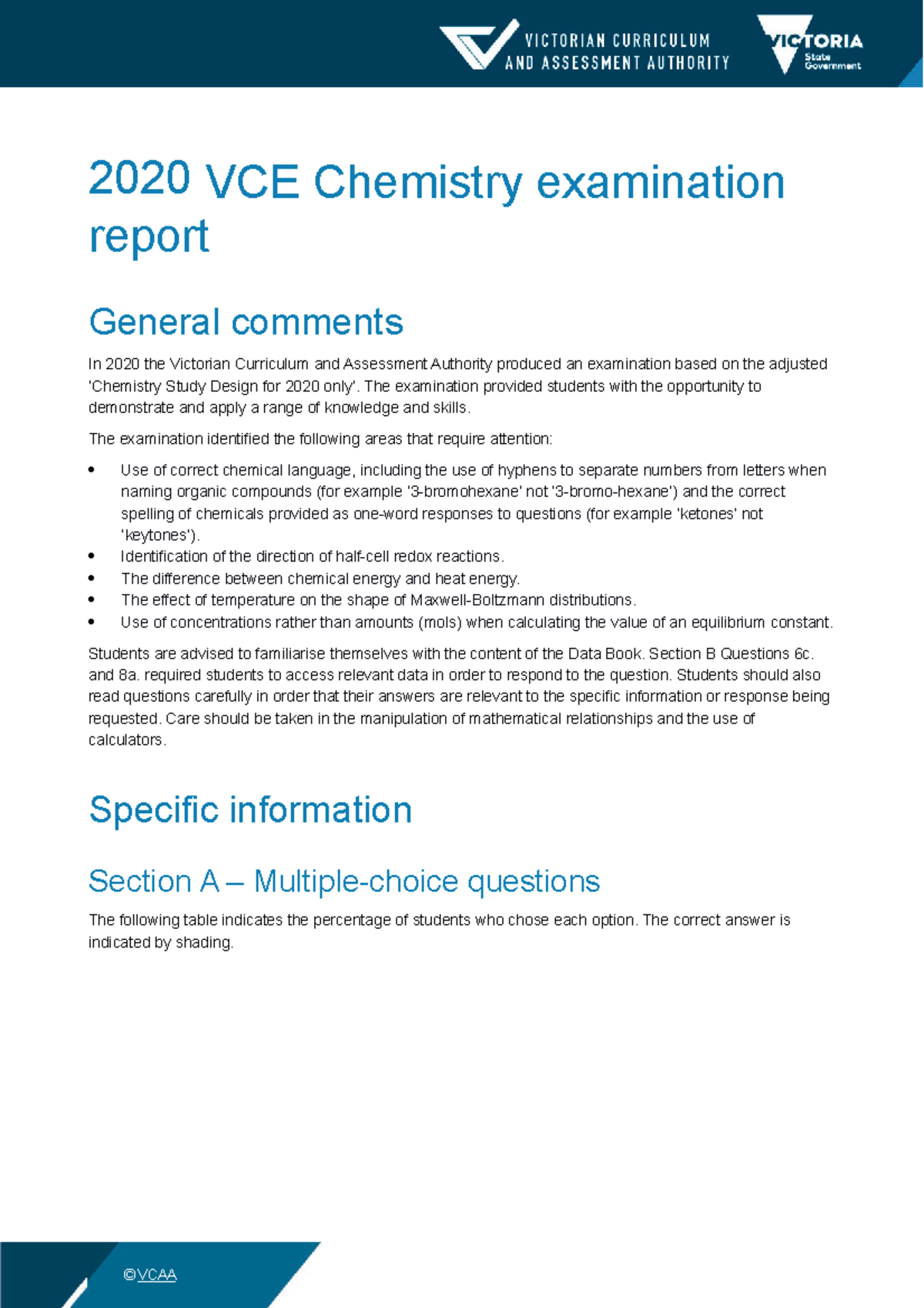 2020 VCE Chemistry examination report - 2020 VCE Chemistry examination ...