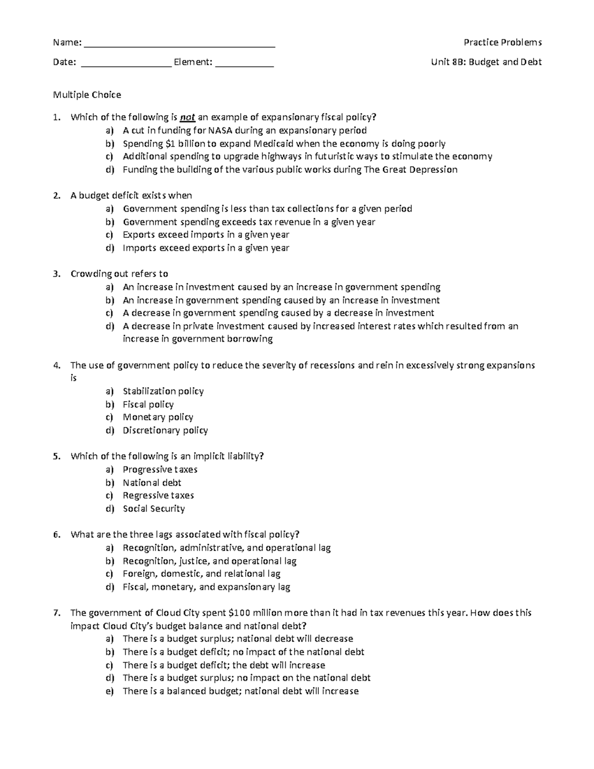 Econ Practice: Govt budget/debt - Name ...