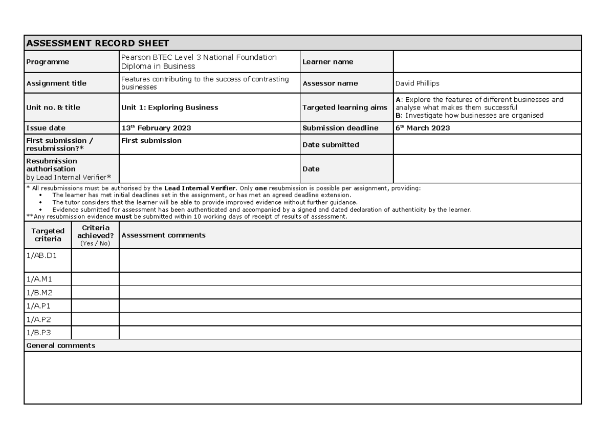 Assessment Record Assignment 1 Exploring Business 2022-23 - ASSESSMENT ...