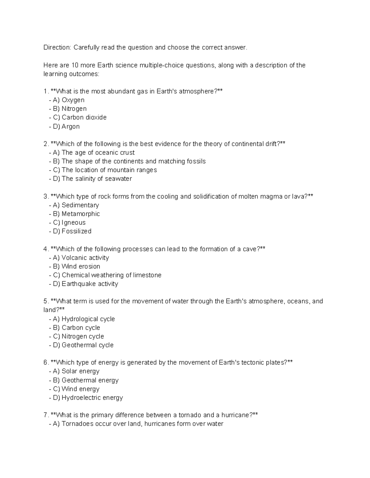 SE14 - These questions focus on various Earth science concepts, such as ...