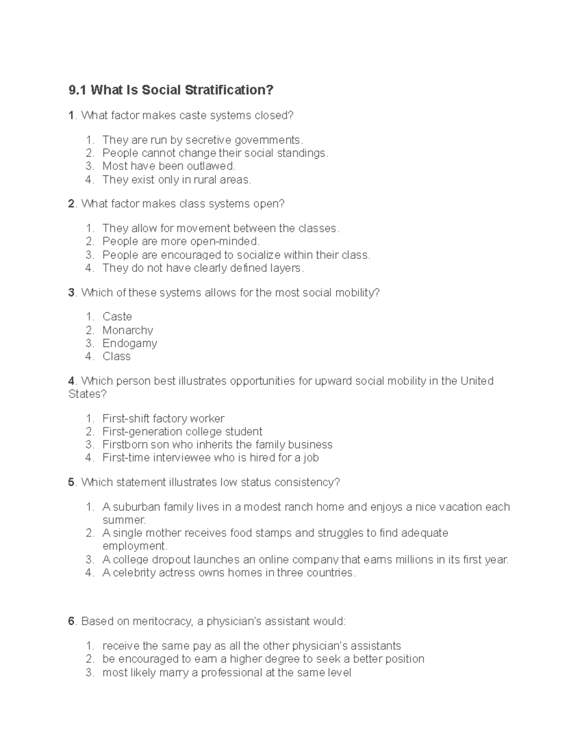 Chapter 9 Study Guide Without Answers - 9 What Is Social Stratification? What factor makes caste ...