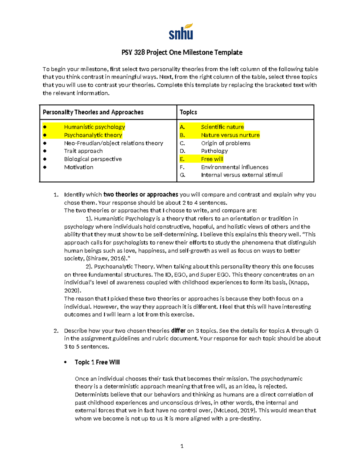 PSY 328 Project One Milestone Template - Next, from the right column of ...