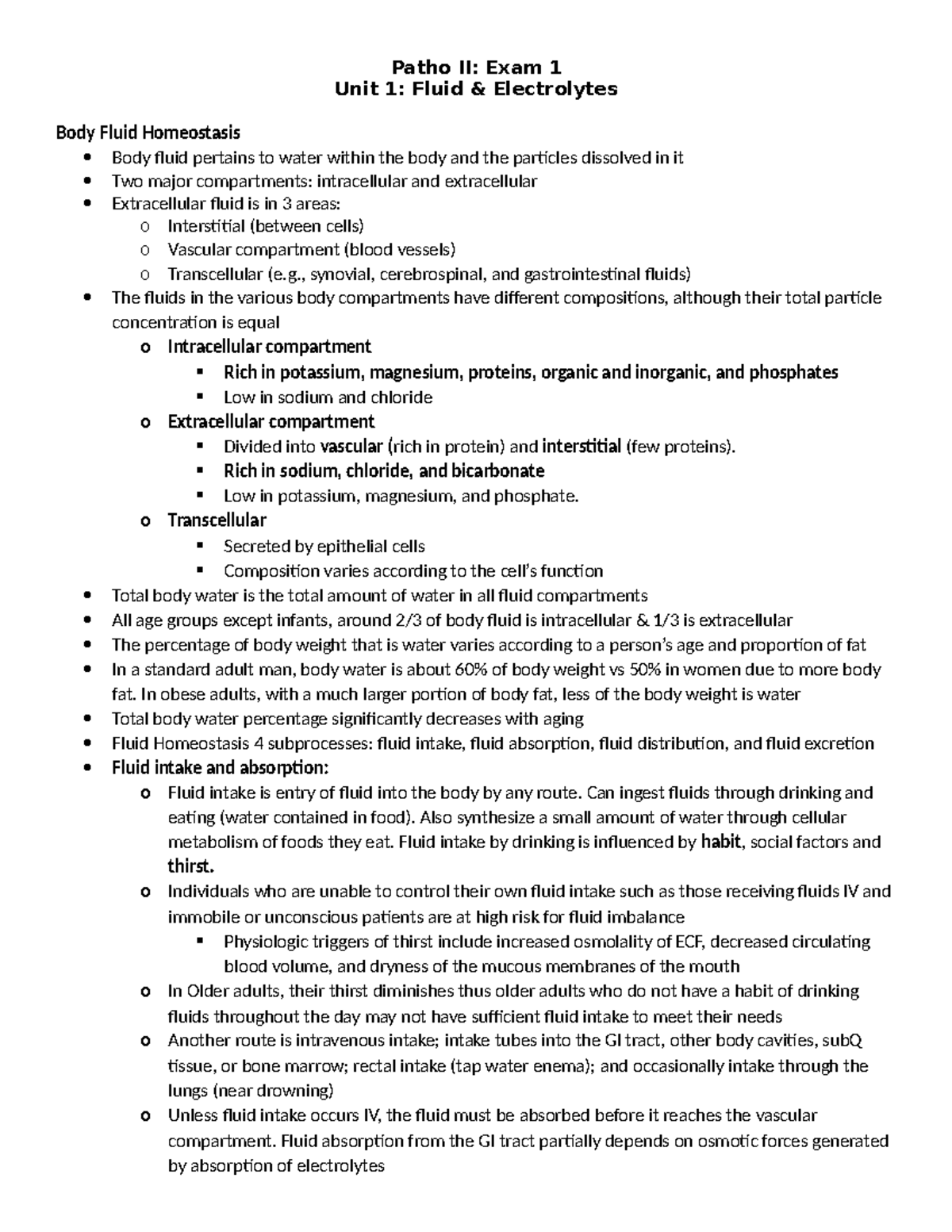 Patho II Exam 1 U1 - None - Patho II: Exam 1 Unit 1: Fluid ...