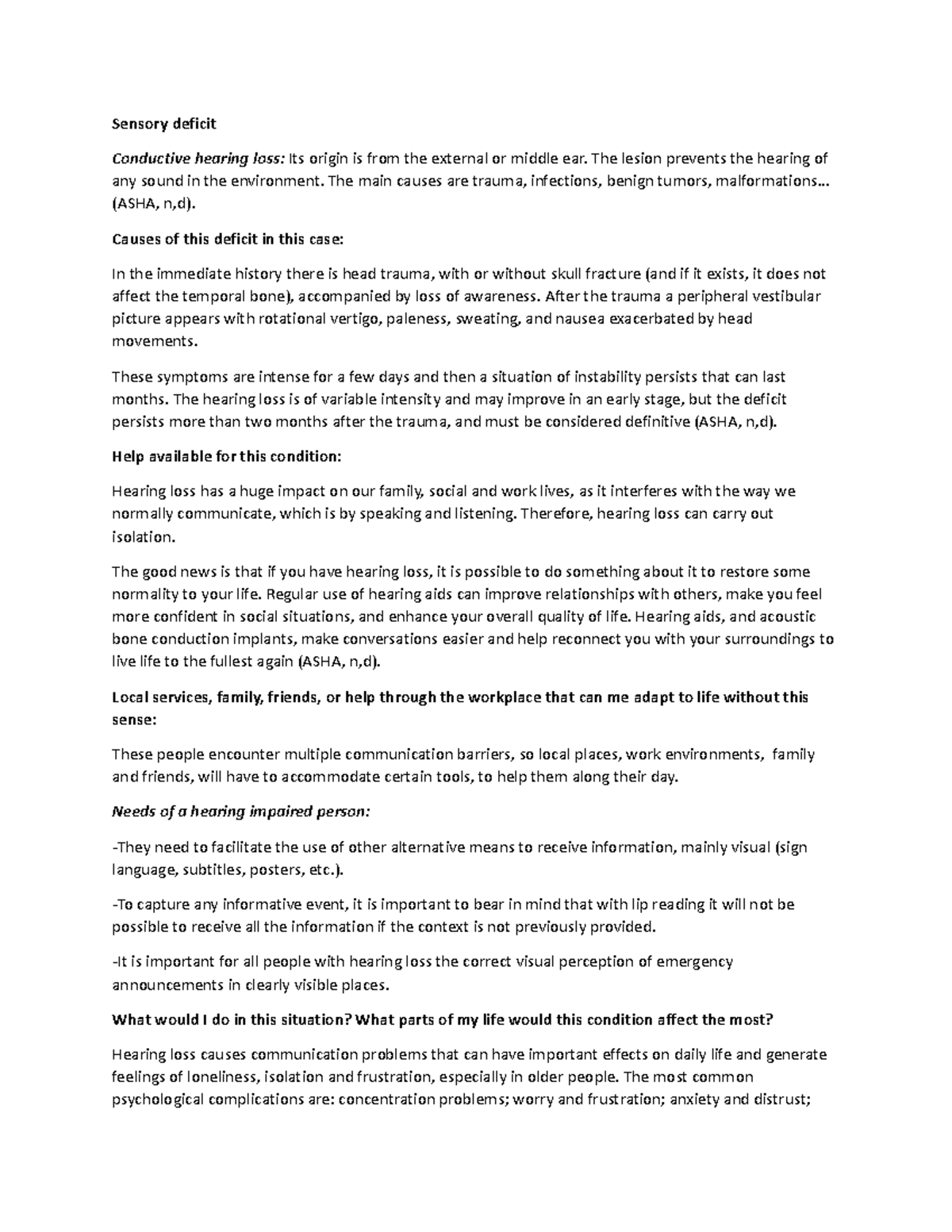 Learning Journal Unit 4 - Sensory deficit Conductive hearing loss: Its ...