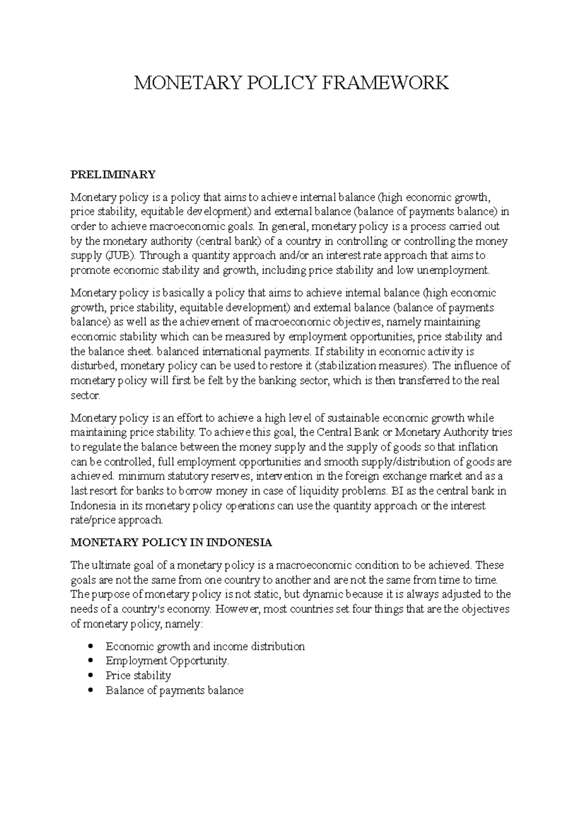 Monetary Policy Framework - MONETARY POLICY FRAMEWORK PRELIMINARY ...