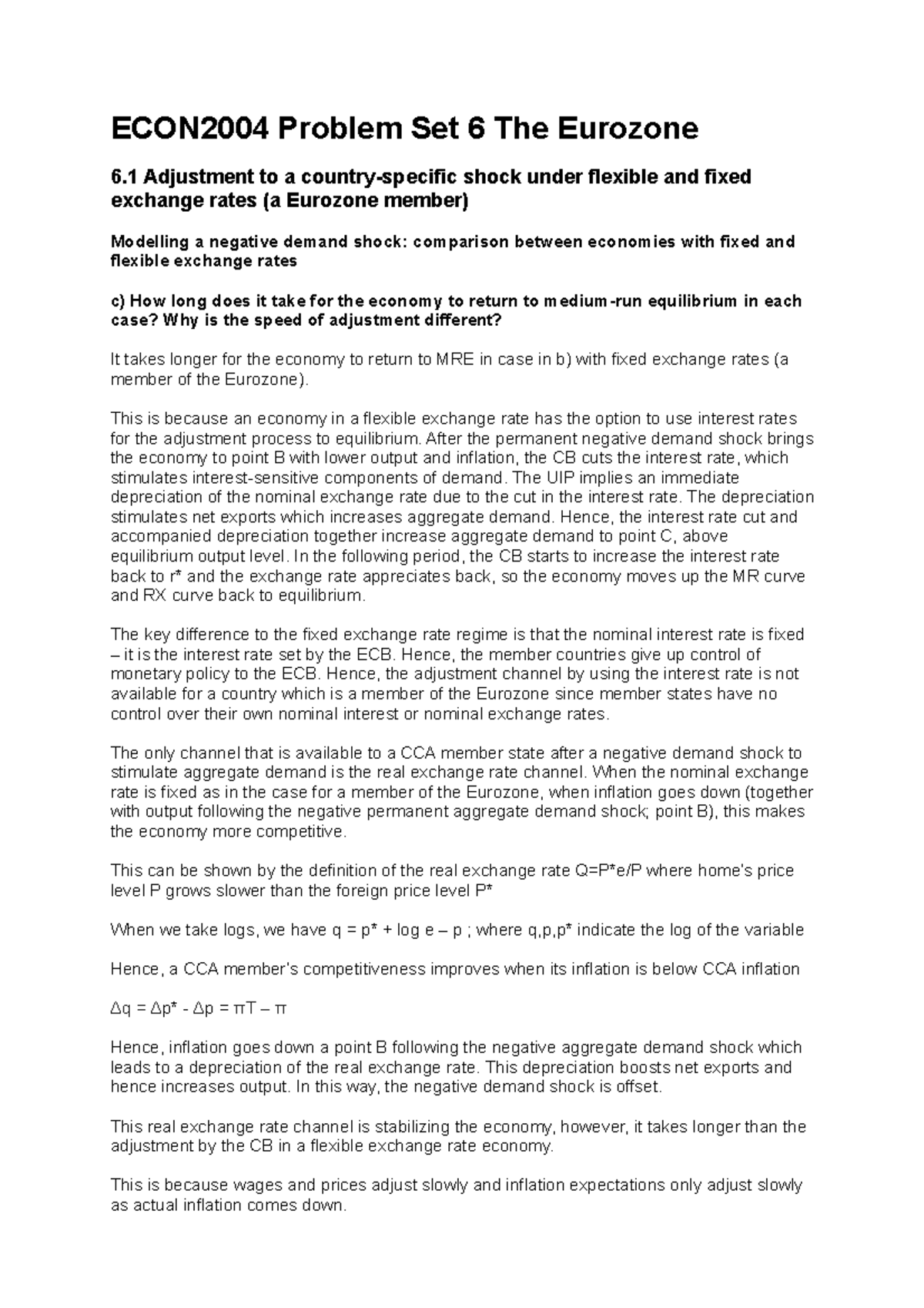 ECON2004 Term 2 Problem Set 6 - ECON2004 Problem Set 6 The Eurozone 6 Adjustment to a - Studocu